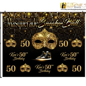 Gold and Black Masquerade Sneaker Ball Step and Repeat Backdrop ...