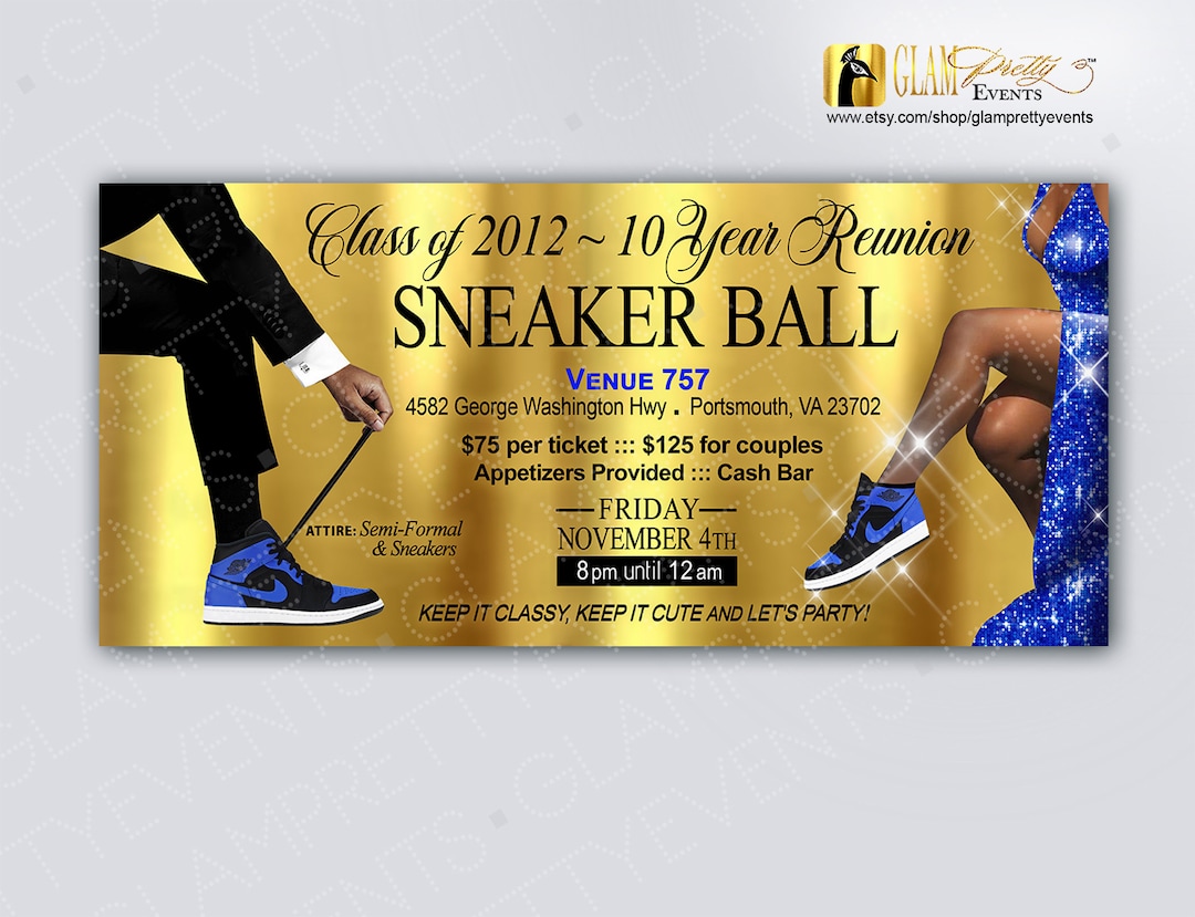 Class Reunion Sneaker Ball Gold Royal Blue Birthday Invitation, Gold ...