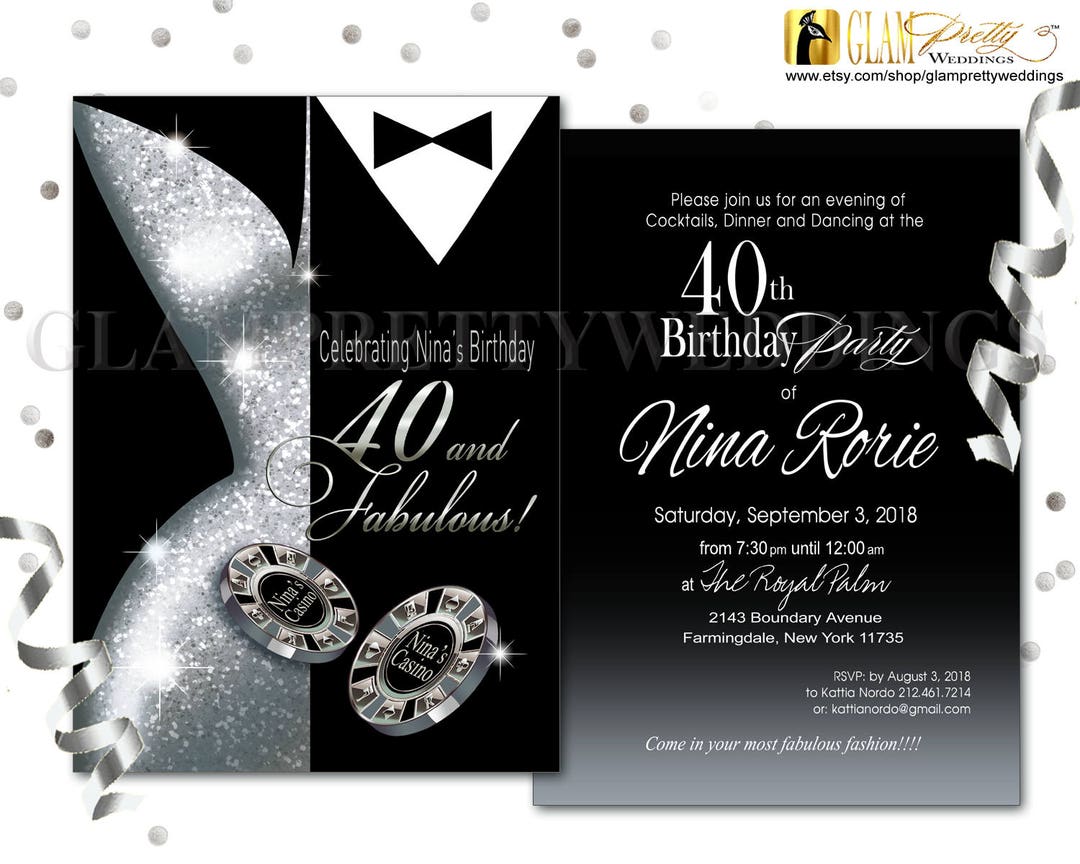 Las Vegas 40th Birthday Invite Silver & Black Casino Chips Dice Black ...