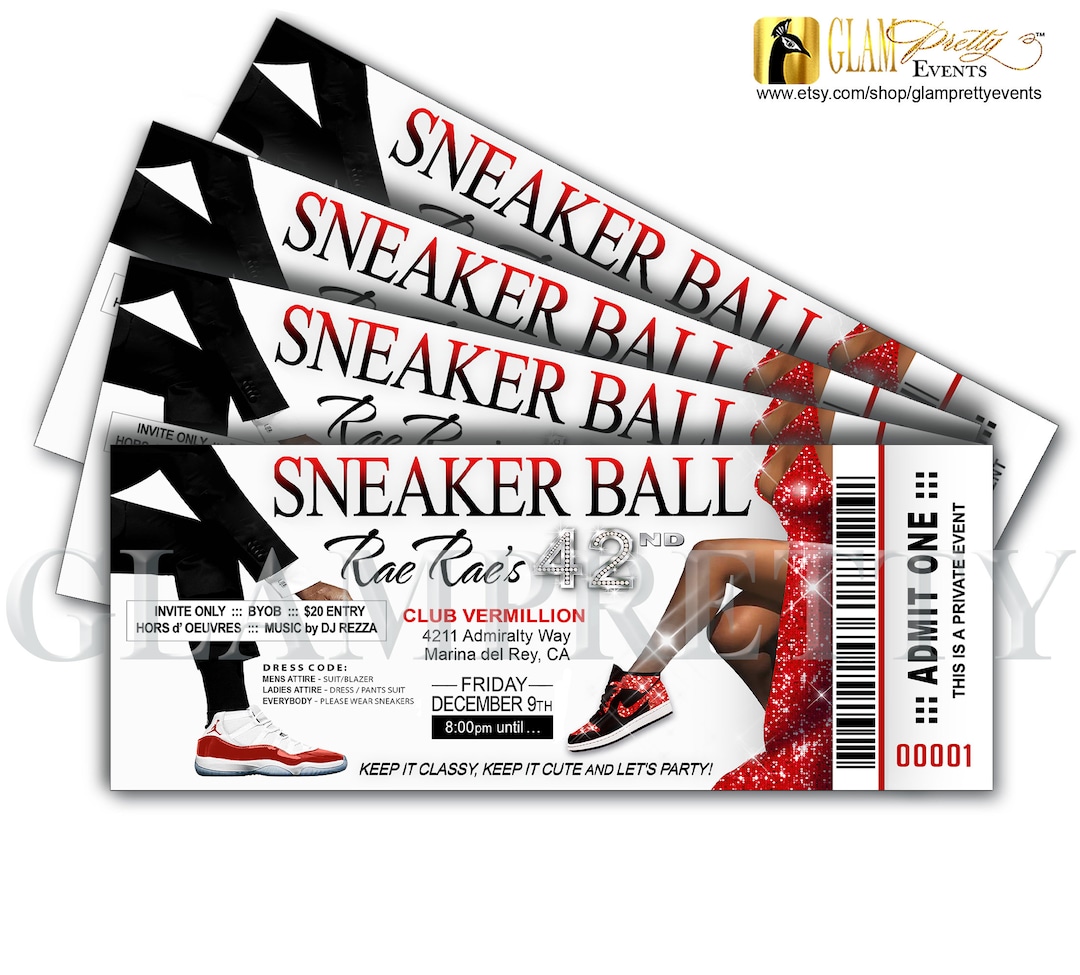 Artwork for Printable Sneaker Ball Party Tickets, Sexy Red Dress ...