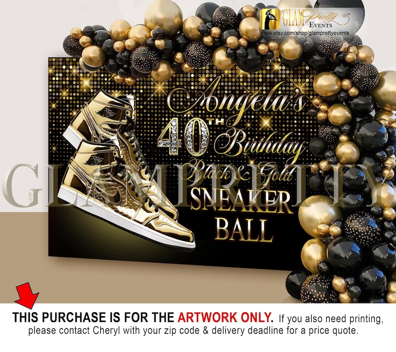 Black and Gold Sneaker Ball Backdrop - Artwork for Any Age Birthday ...