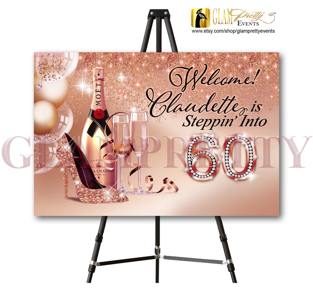 60th Birthday Bling Welcome Sign Artwork, 36"x24" Stepping Into 60 Rose ...