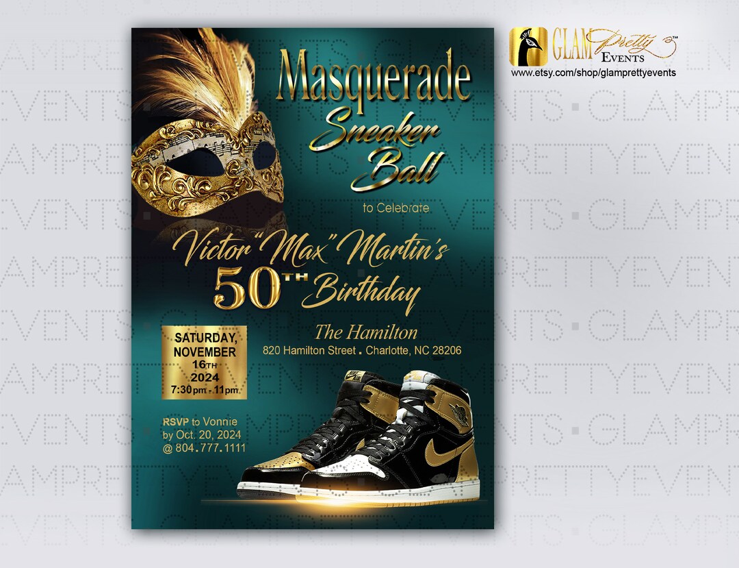Masquerade Sneaker Ball Teal, Turquoise and Gold Birthday Invitation ...