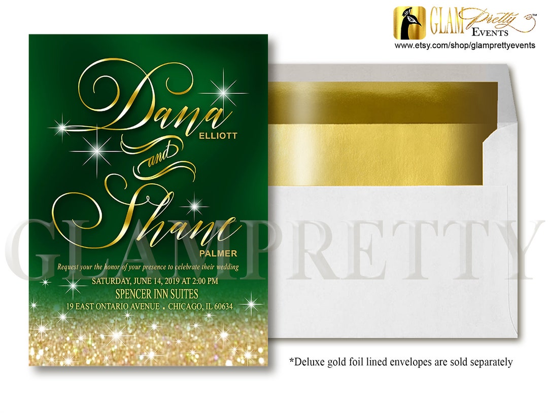 Emerald Green and Gold Glitter Diamond Dust Ombre Wedding Invitation ...