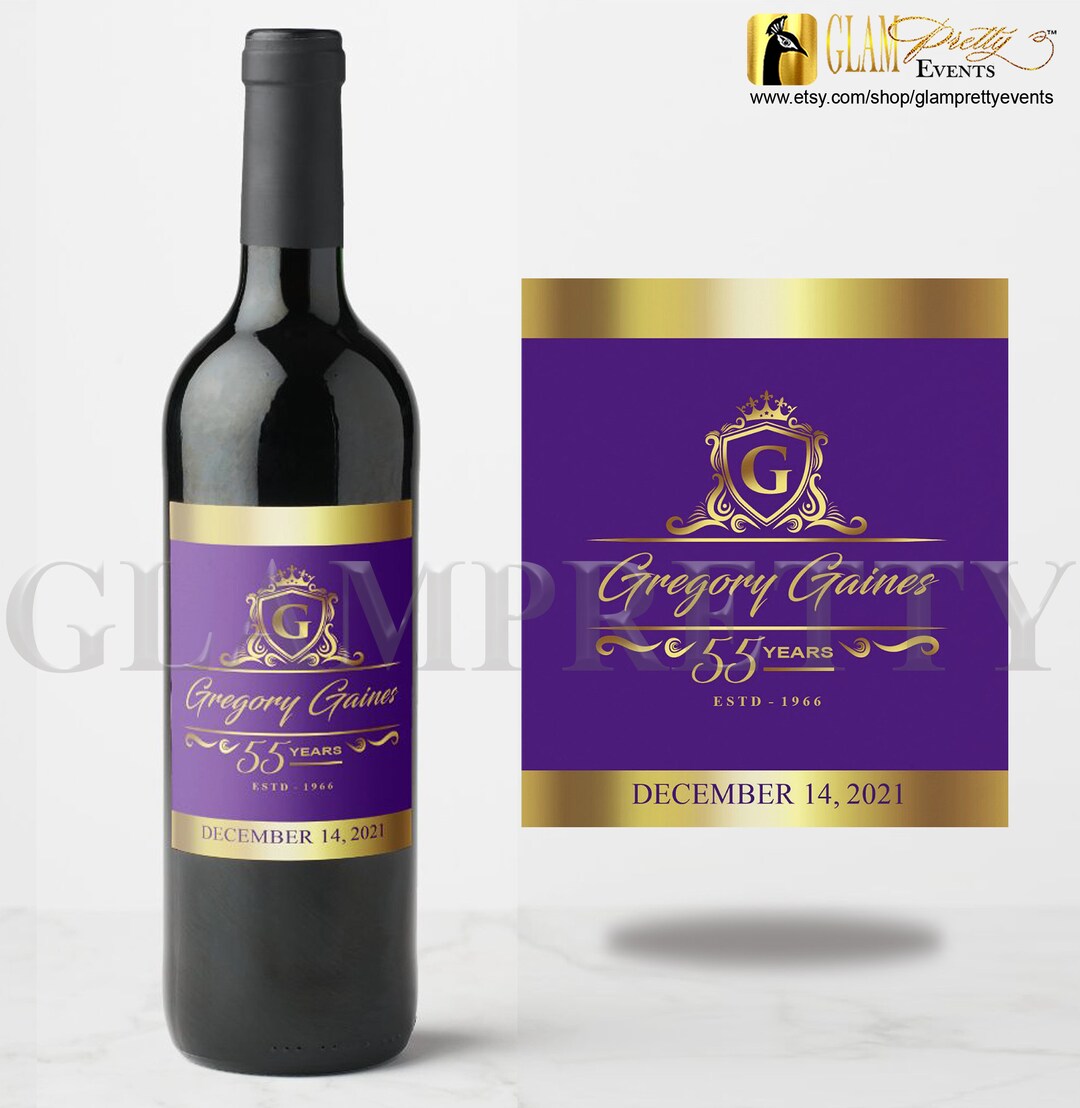Monogram Initial Emblem Purple and Gold Wine Label - 55th Milestone ...
