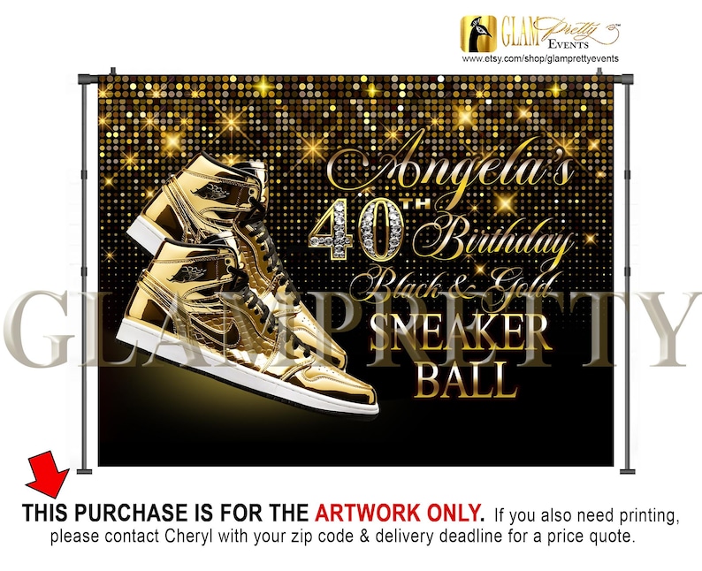 Black and Gold Sneaker Ball Backdrop - Artwork for Any Age Birthday ...
