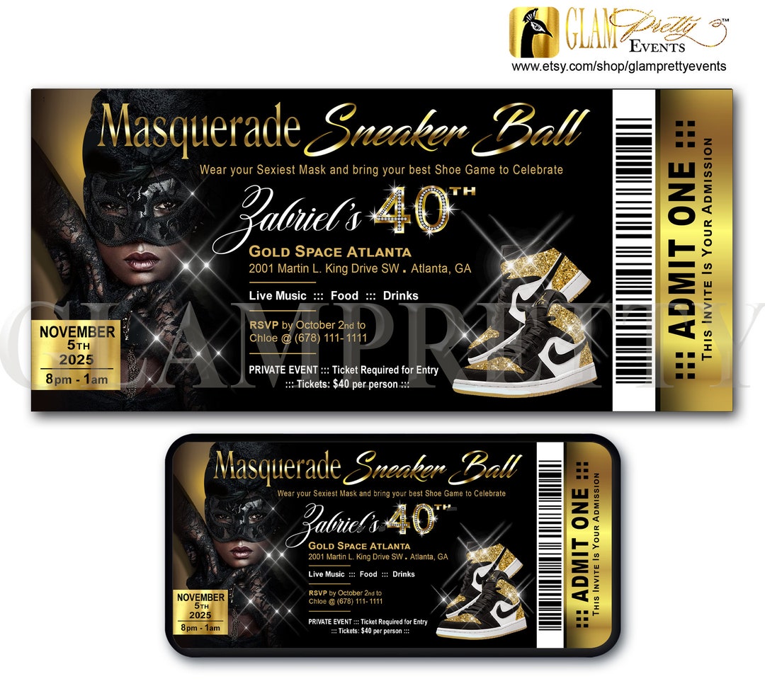 Gold and Black Ticket Style Masquerade Sneaker Ball Invitation Bling ...