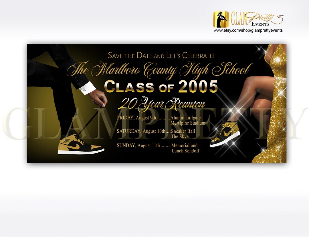 High School Class Reunion Sneaker Ball Save the Date, Black Gold Bling ...