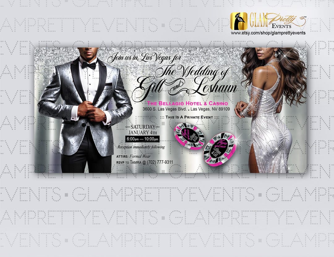 Las Vegas Bling Wedding Invitation, Wedding Dress, Tuxedo, Casino Chips ...
