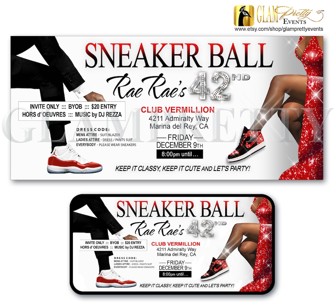 Sneaker Ball Party Invitation, Sexy Red Dress, Red and White Jordans ...
