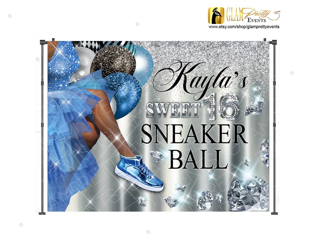 Artwork for Sweet 16 Tutu Sneaker Ball Backdrop, Blue Silver Balloons ...