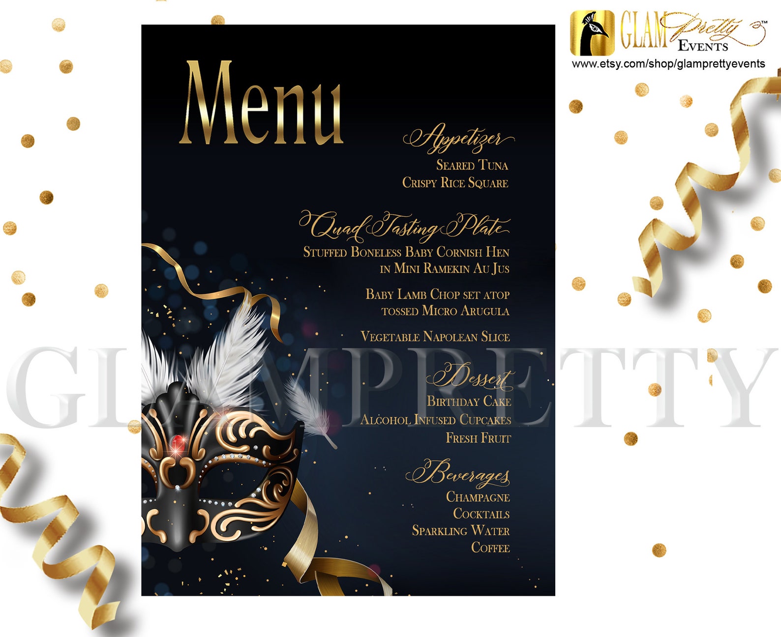 Black and Gold Dinner Menu Venetian Mask Costume Ball - Etsy