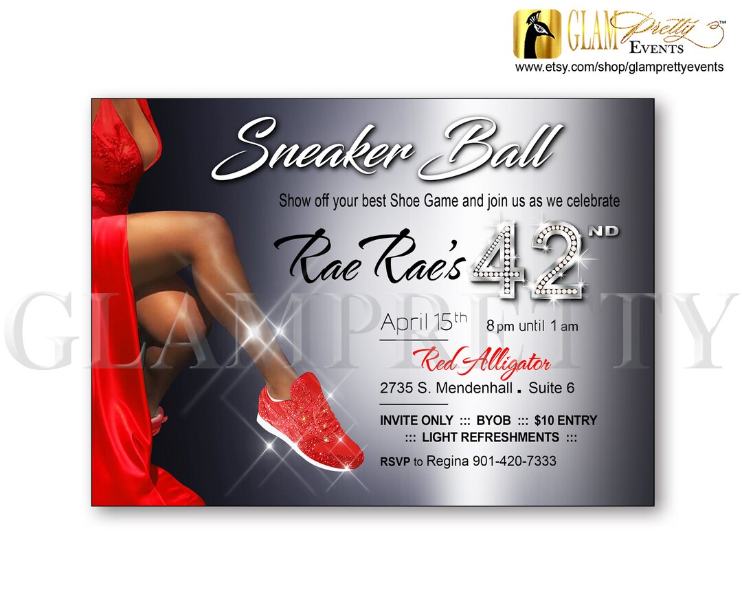 Sneaker Ball 42nd Birthday Party Invitation, Red Silver Bling Glitter ...