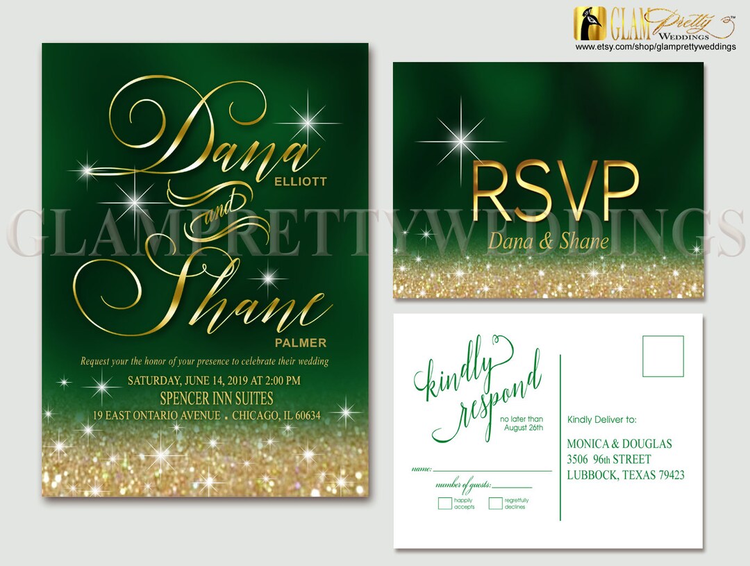 Emerald Green and Gold Glitter Diamond Dust Ombre Wedding Invitation ...