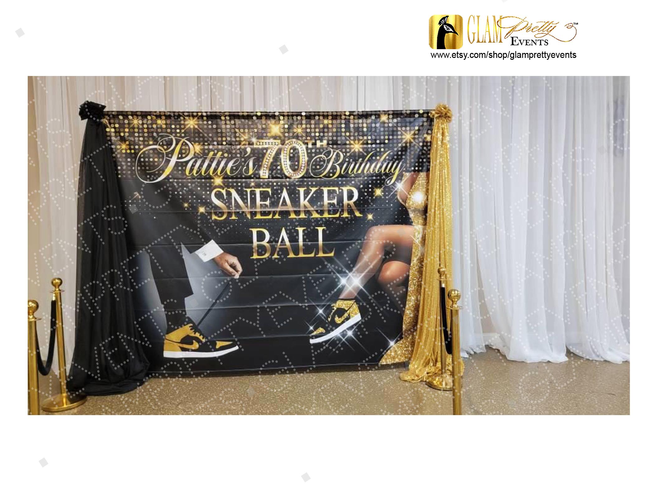 Sneaker Ball Backdrop - Gold and Black Artwork for High School Reunion ...