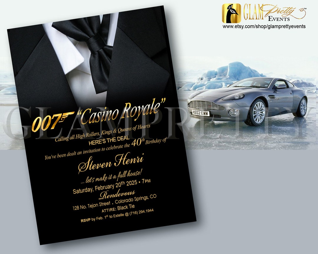 Casino Royale 007 Secret Agent 40th Birthday Invitation Elegant Tuxedo ...