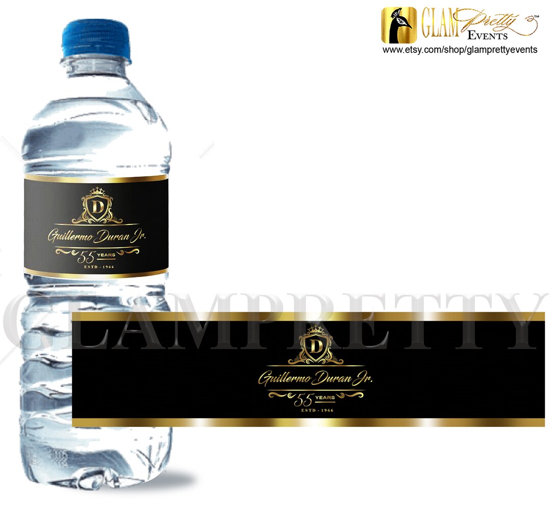 Black and Gold Monogram Printable Water Bottle Label - Style Name: GREG ...