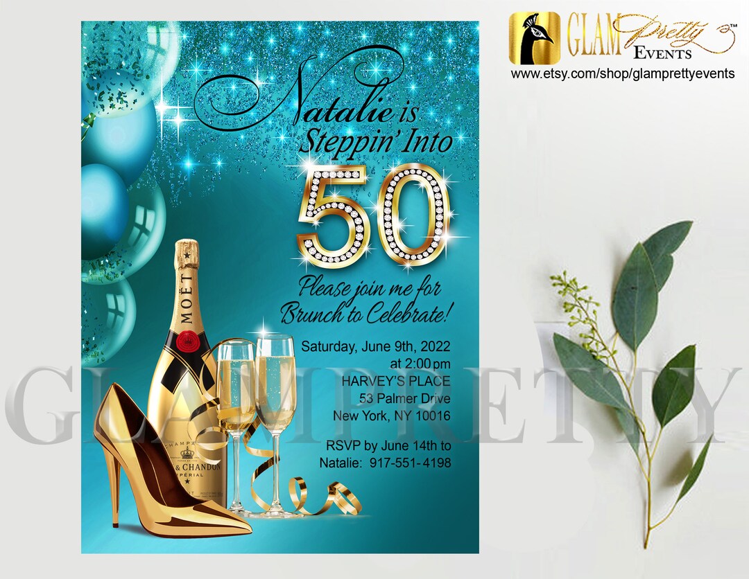 Teal Turquoise Gold 50th Birthday Party Invite Stepping into 50 ...