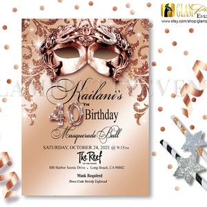 Masquerade 40th Birthday Rose Gold Peach Blush Glitter Invitation ...
