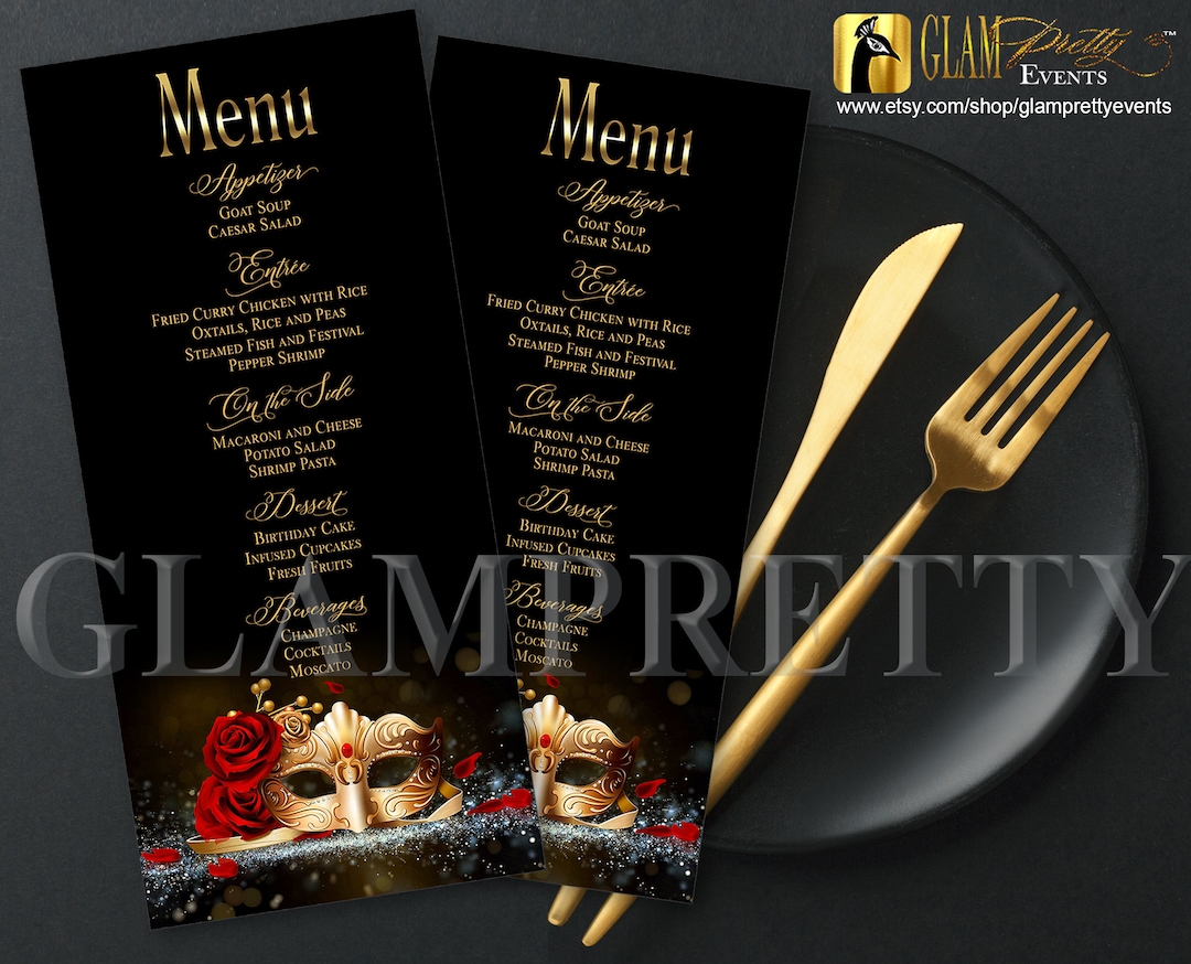 Gold and Black Dinner Menu Venetian Mask Costume Ball - 4x9 Long Menu ...
