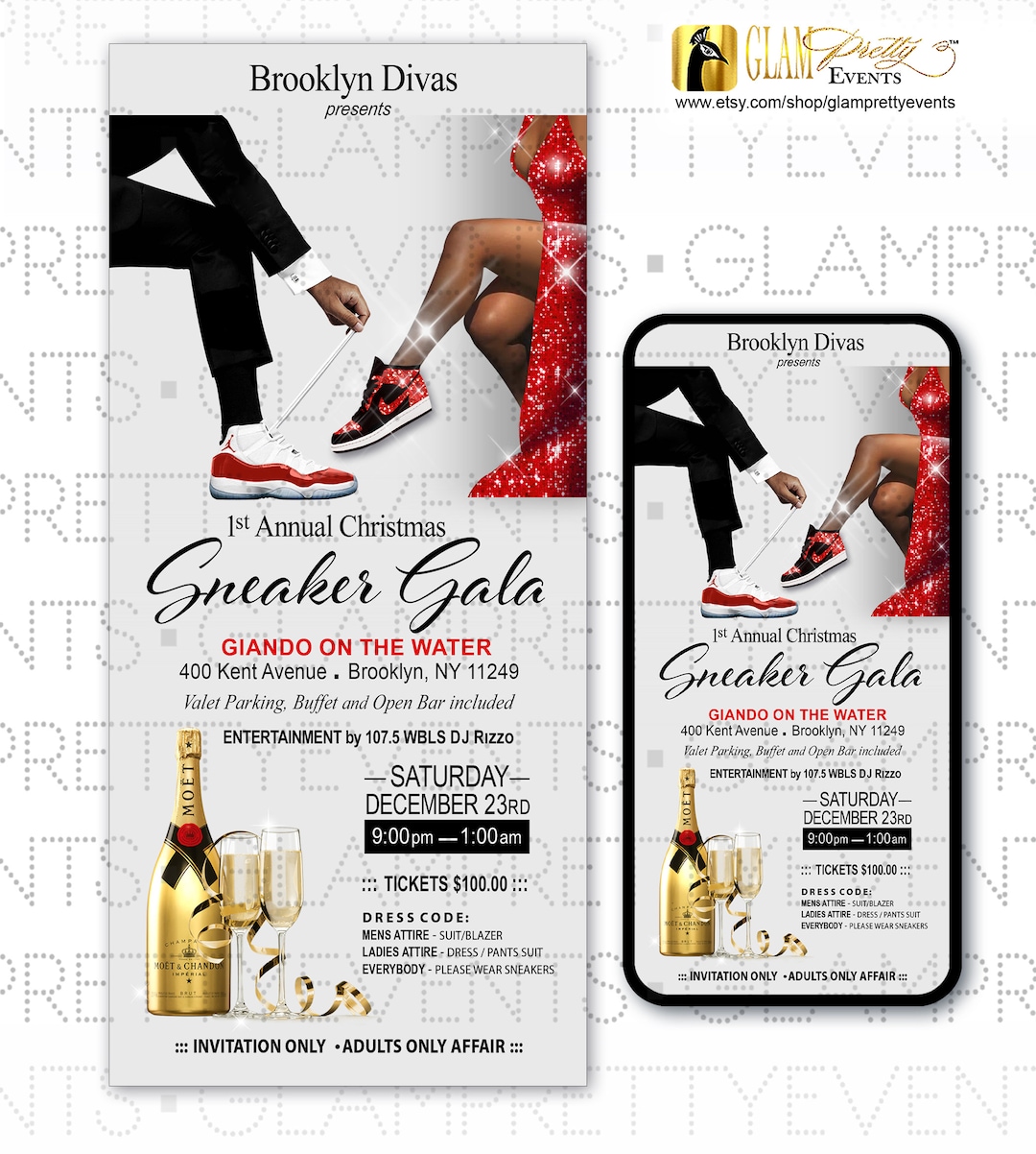 Sneaker Ball Party Invitation, Sexy Red Dress, Red and White Jordans ...