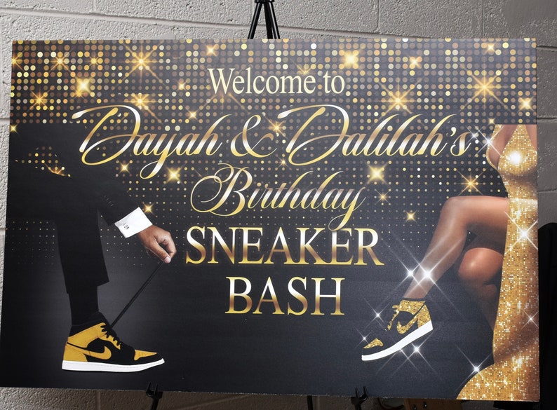 Sneaker Ball Birthday Welcome Sign, Gold Black & Purple Ombré Artwork ...