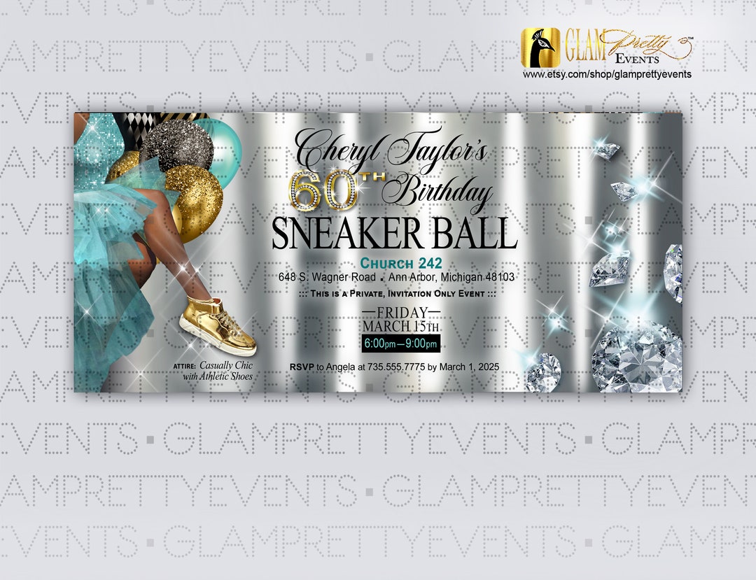 60th Birthday Sneaker Ball Invitation, Diamonds Tutu Balloons Aqua Blue ...