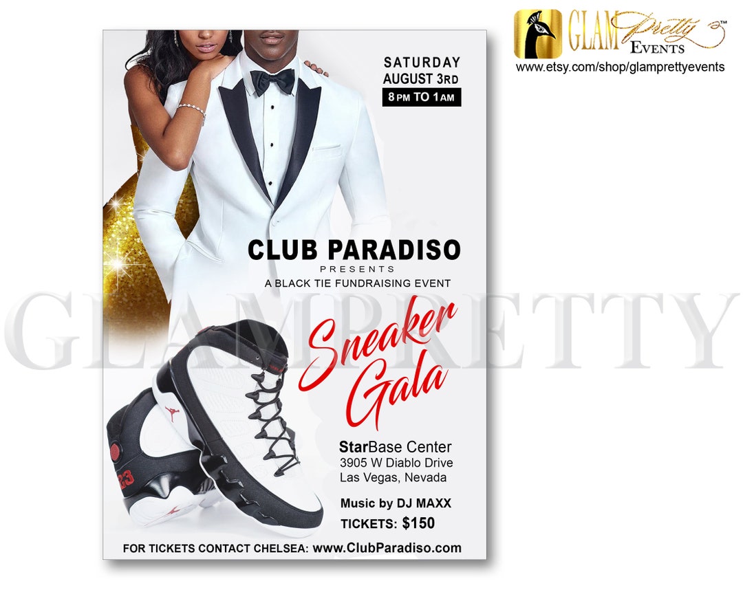 Sneaker Gala Party Flyer, Black Tie Tuxedo Gold Bling Glitter Dress ...