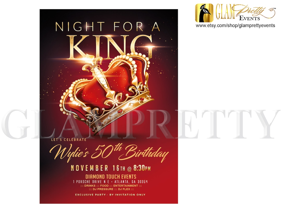 Regal Royal Crown King Birthday Invite for Him, Red and Gold Night for ...