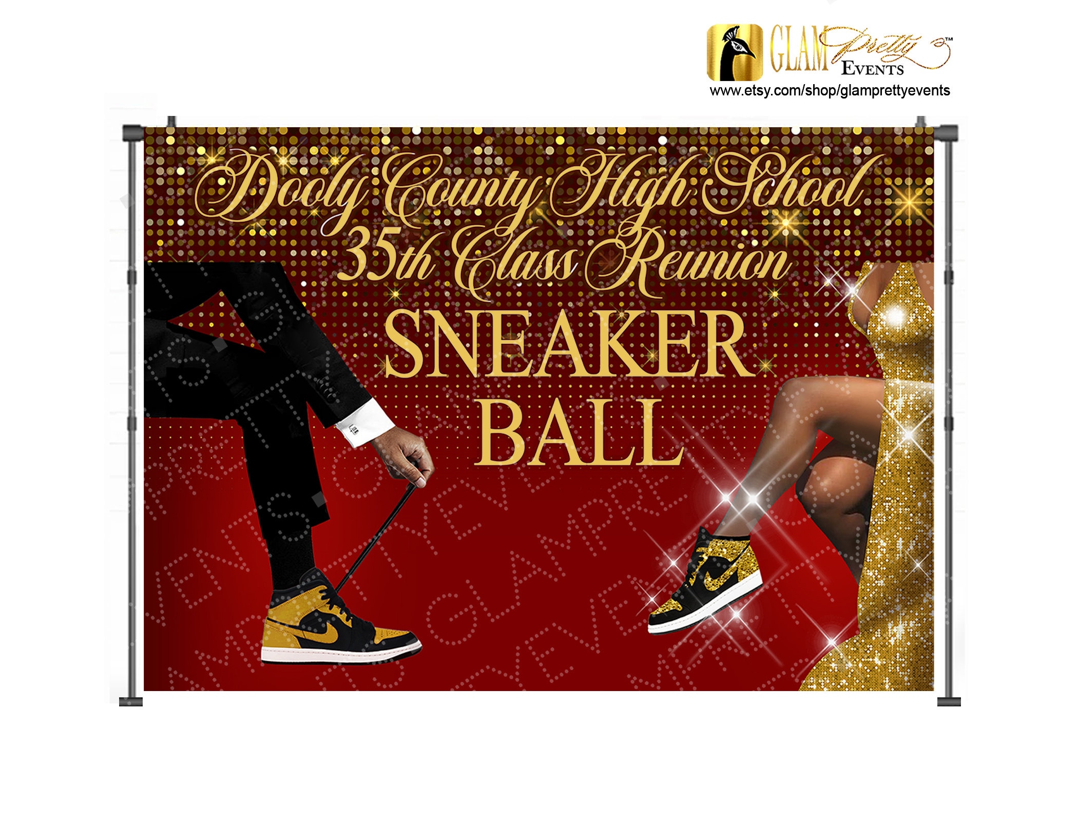 Sneaker Ball Backdrop - Red and Gold Artwork for High School Reunion ...