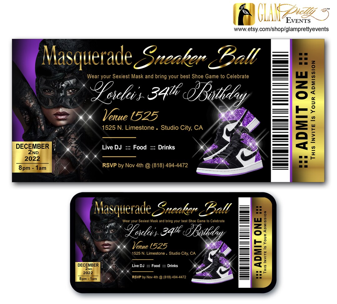 Ticket Style Masquerade Sneaker Ball Invitation - Bling Purple Sneaker ...