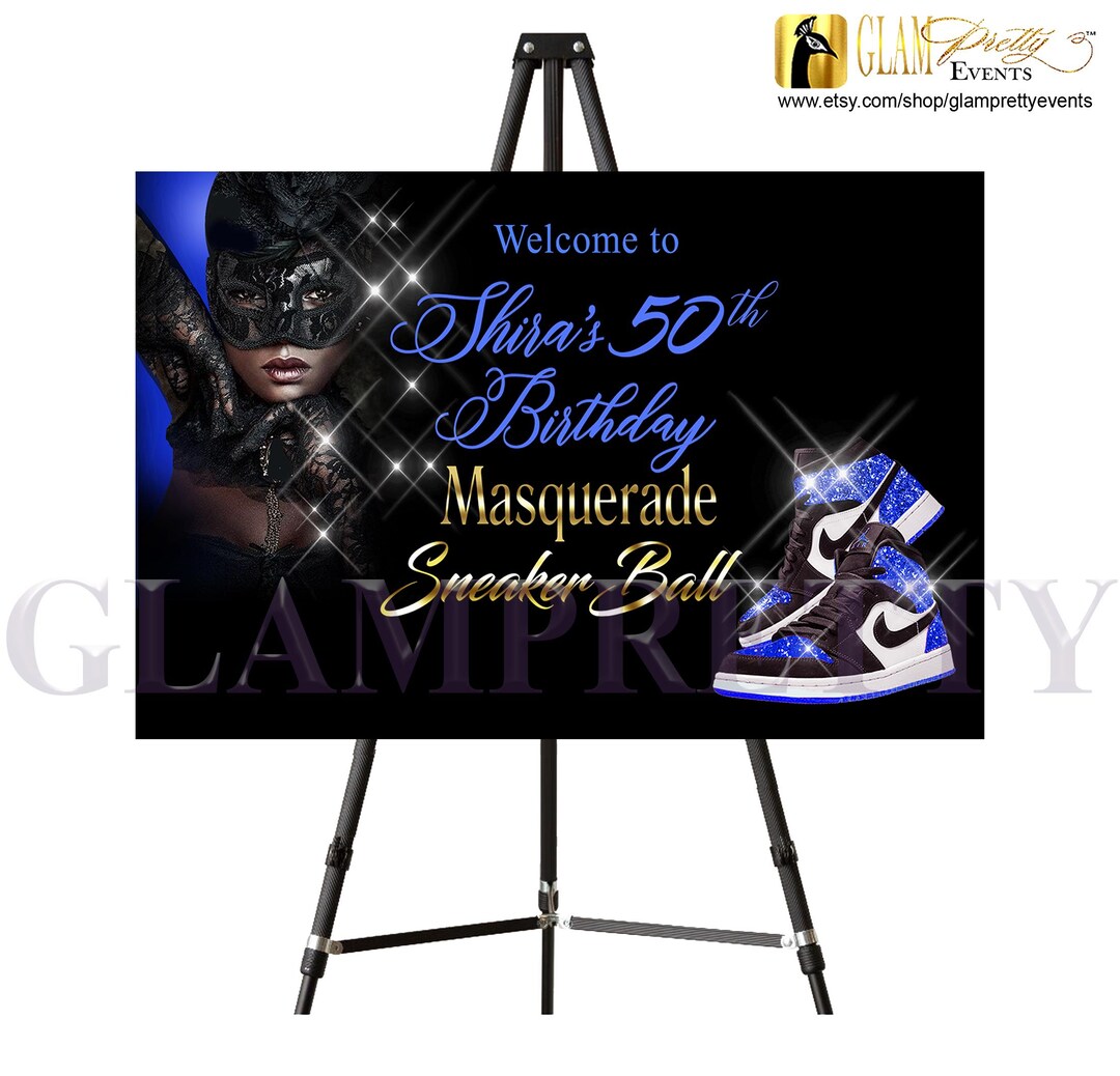 Blue and Gold Masquerade Sneaker Ball Bling Welcome Sign, 36"x24" Any ...