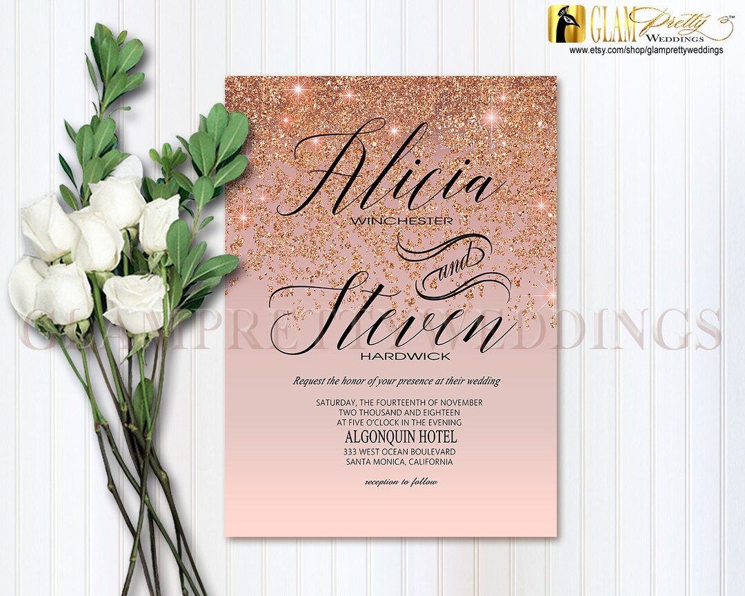 Rose Gold Glitter Wedding Invitation - Glam Gold Faux Sparkle Glitter ...