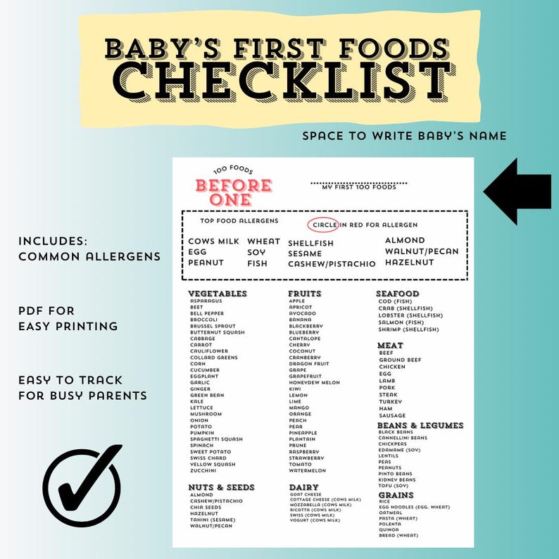 Baby’s First 100 Foods Checklist, Printable Baby Food Log, Led Weaning ...