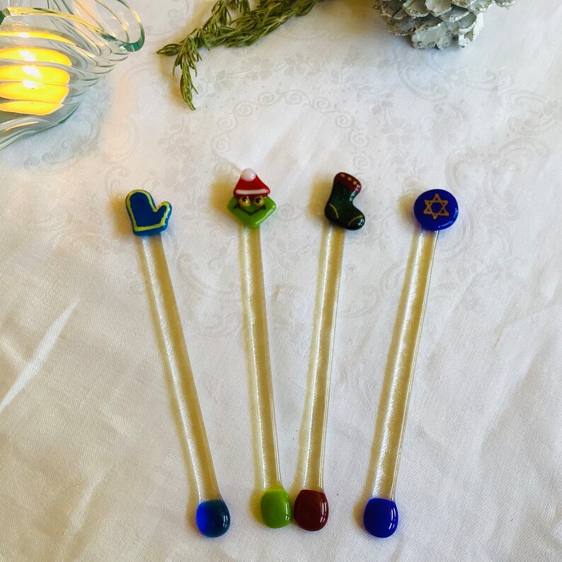 Holiday Fused Glass Swizzle Sticks Drink Stirs, Coffee and Cocoa ...