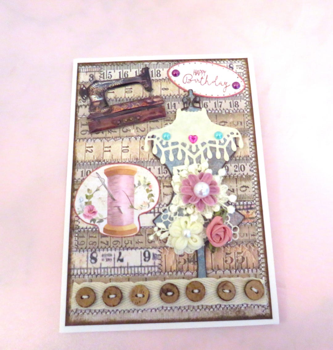 Happy Birthday Sewing Card Sewing Machine Sticker Paper Scissors Blue ...