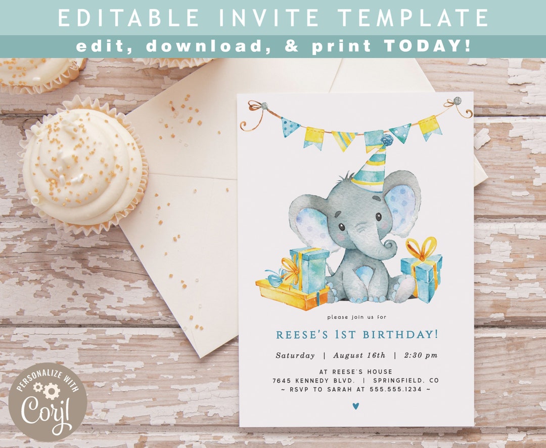 Editable Elephant Birthday Party Invitation Template to DOWNLOAD, 5x7 ...