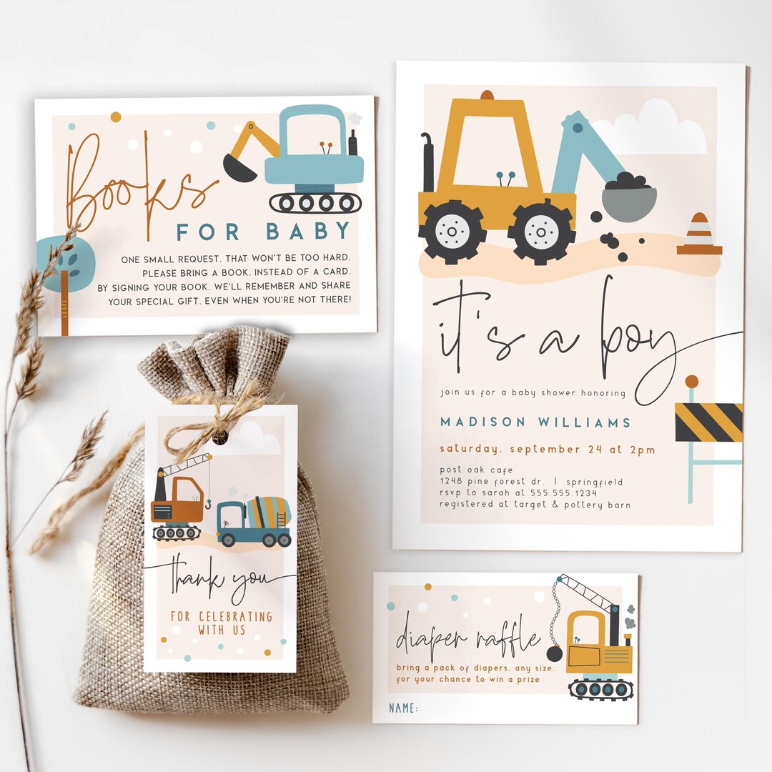Construction Baby Shower Invitation Set, Boy Invite, Editable Template ...
