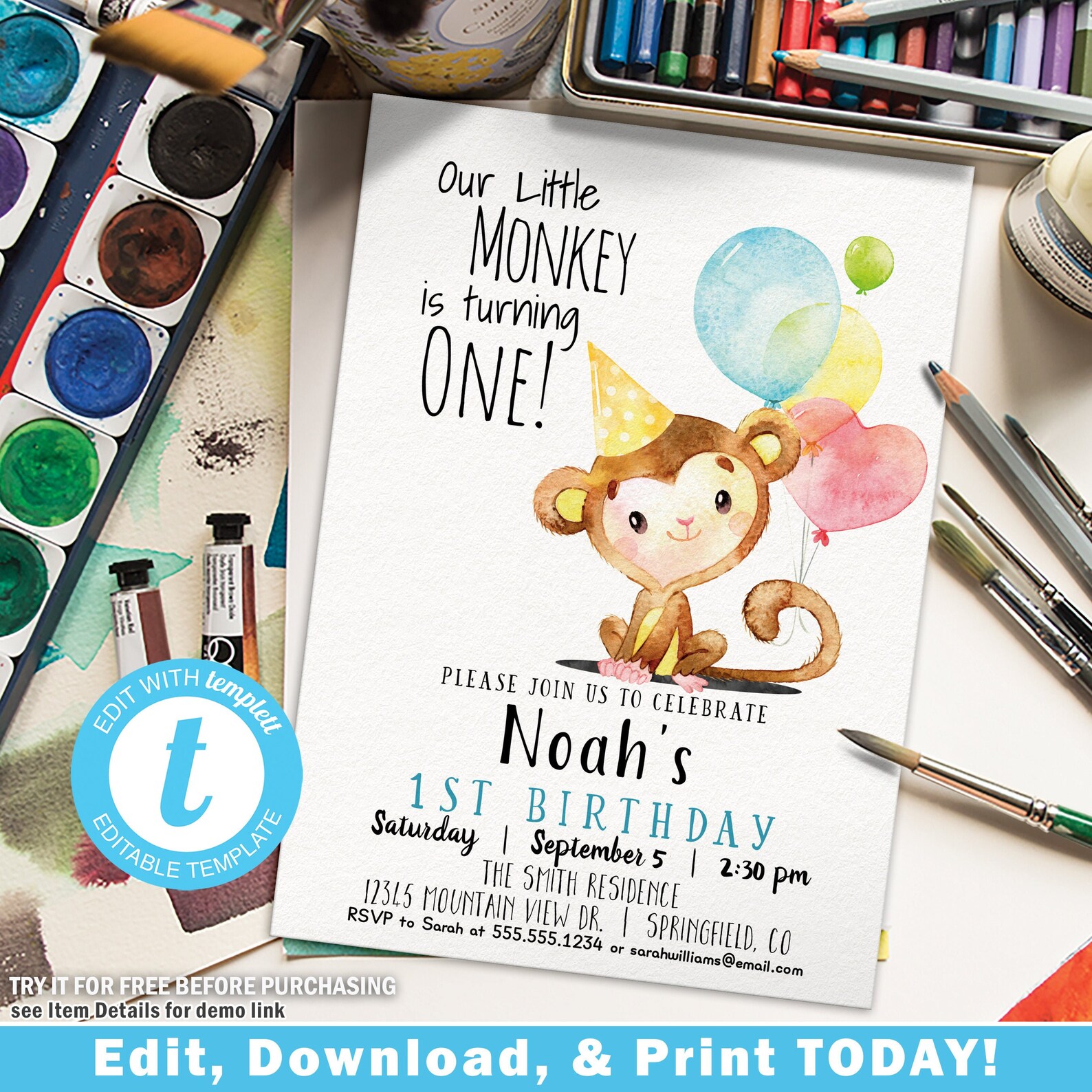Monkey Birthday Invitation 1st Birthday Printable 5x7 Invite | Etsy