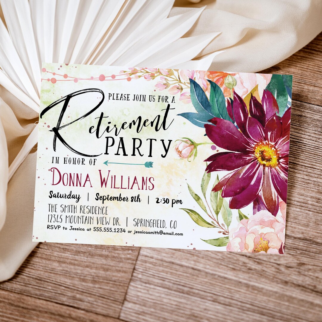 Burgundy Floral Retirement Party Invitation, Editable Template Digital ...