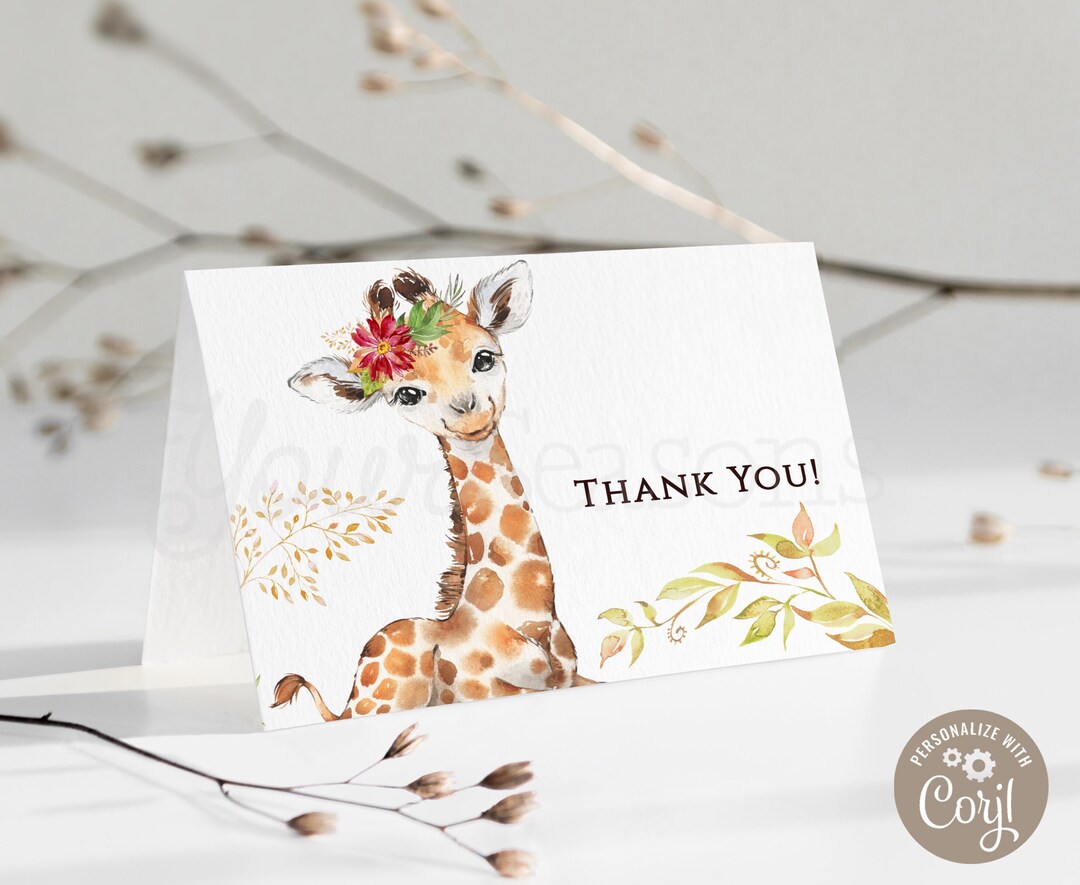 Girl Giraffe Thank You Card, Baby Shower Printable, Digital File ...