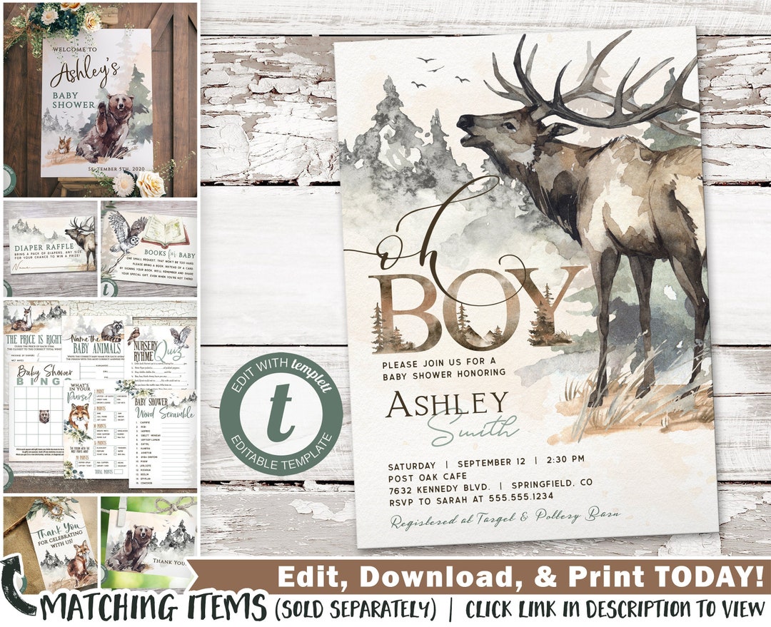 Woodland Boy Baby Shower Invitation Elk, Forest Animals Printable ...