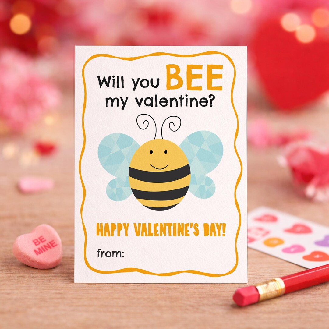 Printable Bee Valentine Day Cards | Honey Bee Kids Valentines Instant ...