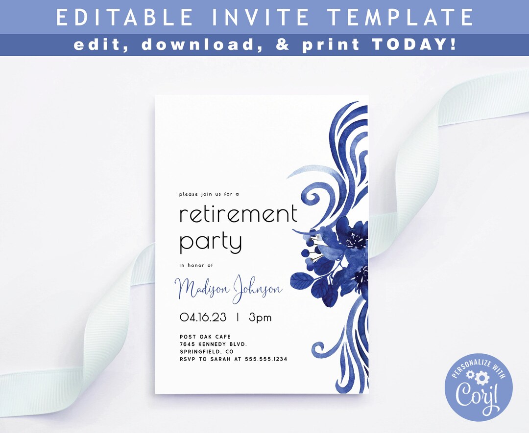 Blue Retirement Invitation, 5x7 Invite | INSTANT DOWNLOAD | Editable ...