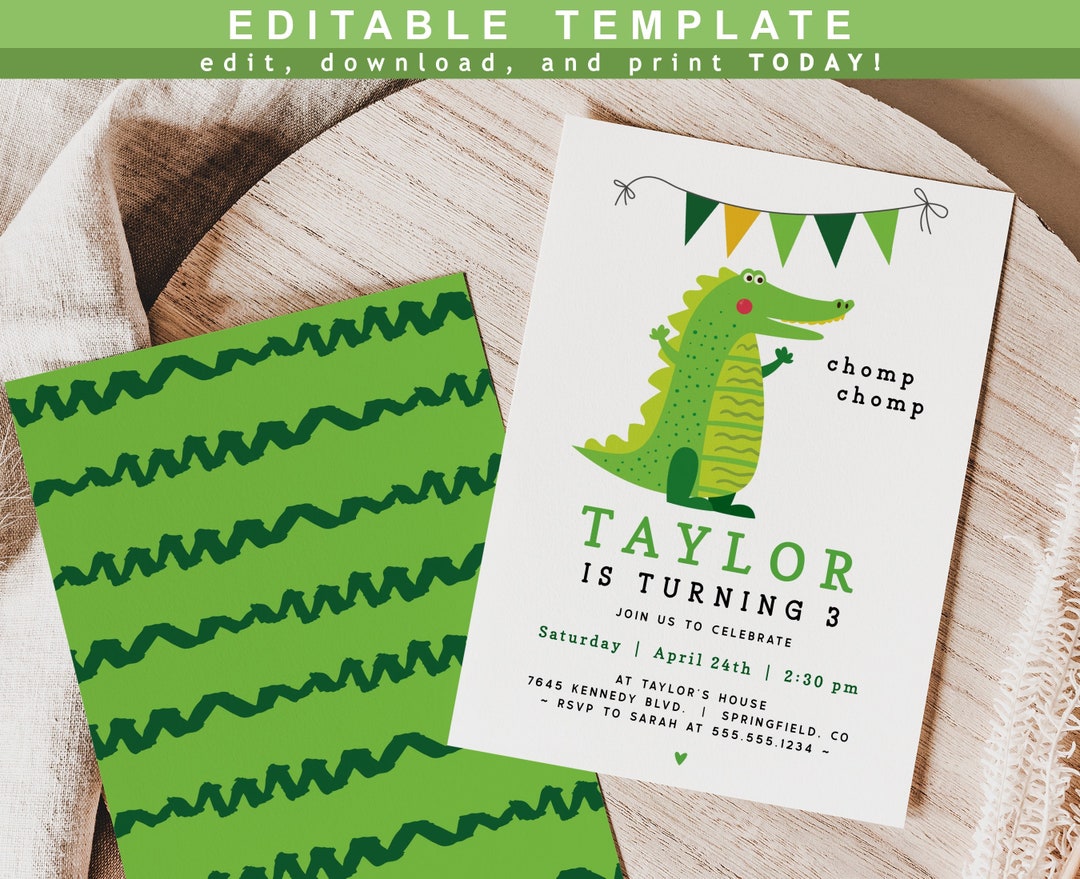 Editable Alligator Birthday Invitation Template, DIGITAL DOWNLOAD, 5x7 ...