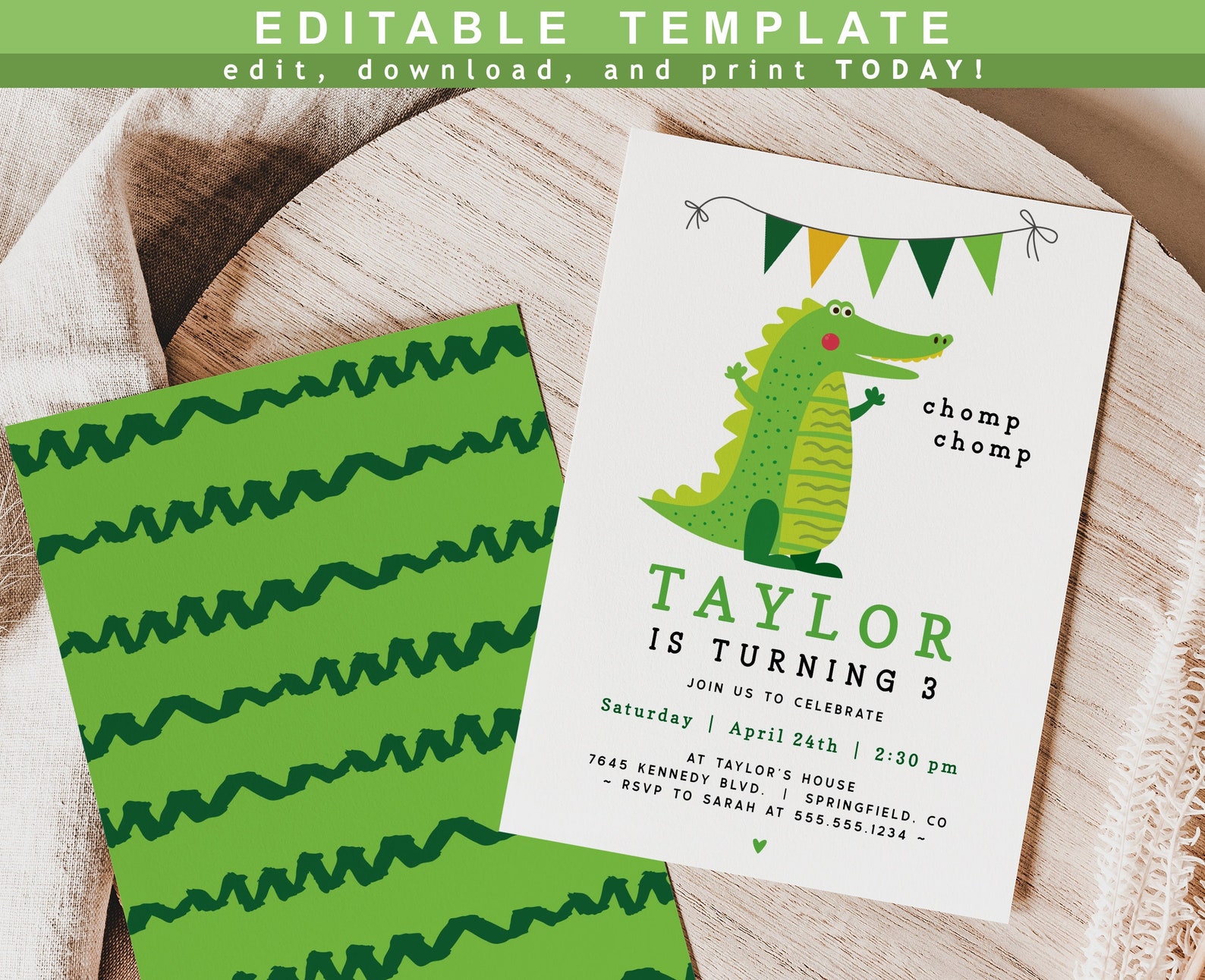 Editable Alligator Birthday Invitation Template, DIGITAL DOWNLOAD, 5x7 ...