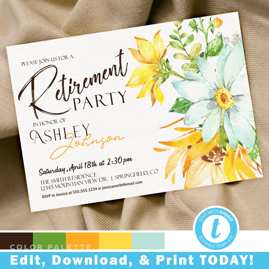 Sunflower Retirement Party Invitation, Floral Watercolor 5x7 Invite ...
