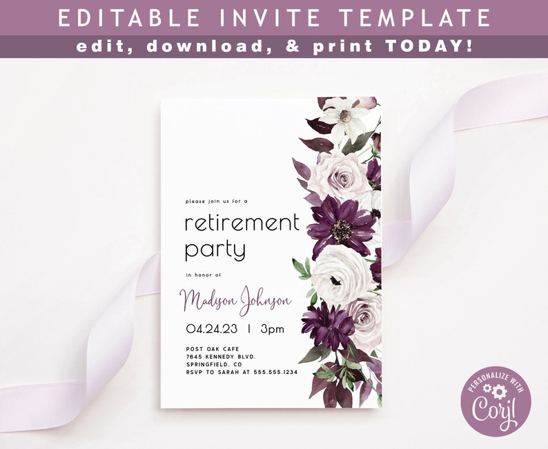 Violet Purple Retirement Invitation, 5x7 Invite | INSTANT DOWNLOAD ...