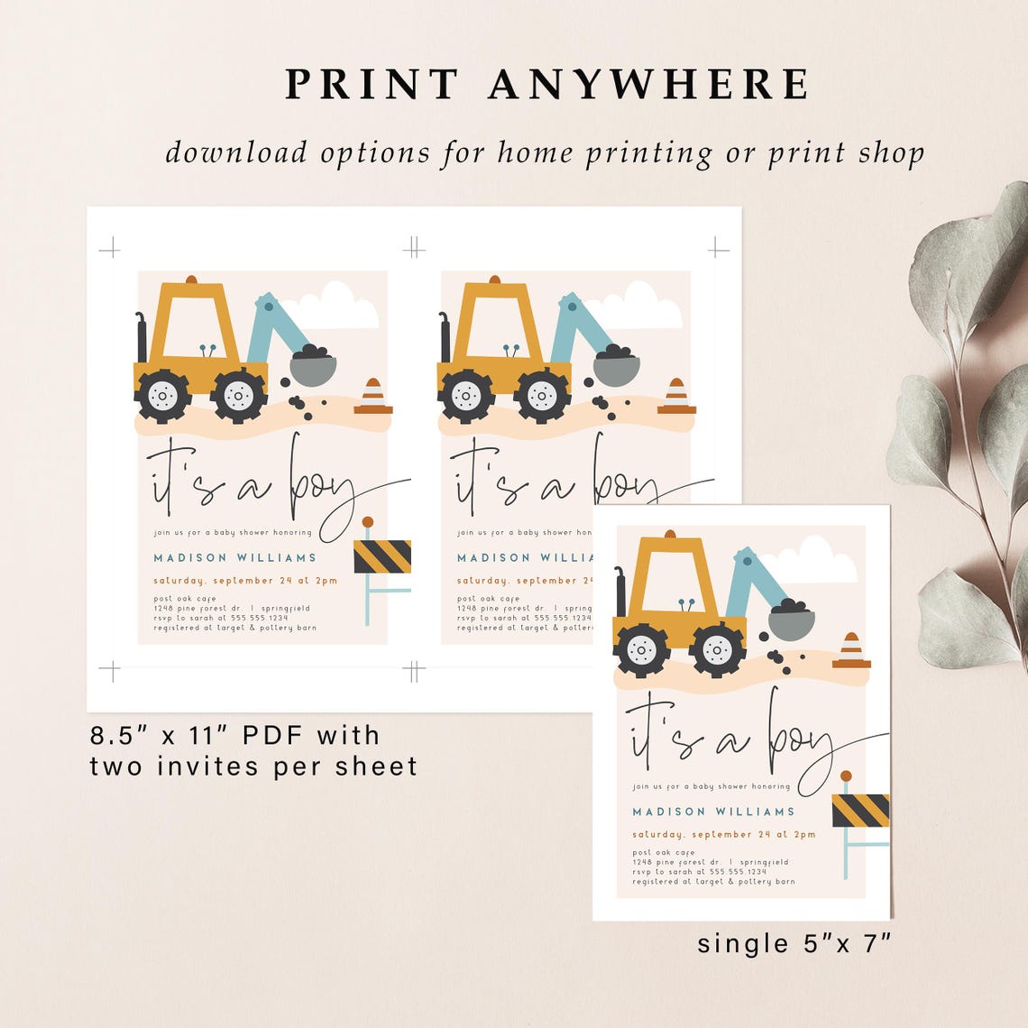 Construction Boy Baby Shower Invitation, Invite Editable Template ...