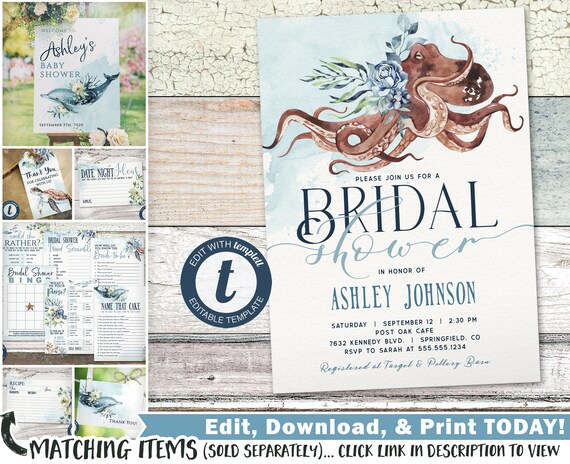Ocean Bridal Shower Invitation Octopus Printable Invite | Etsy